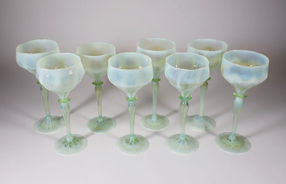 Rare Set of Eight Signed Louis Comfort Tiffany Opalescent Green Wine ...
