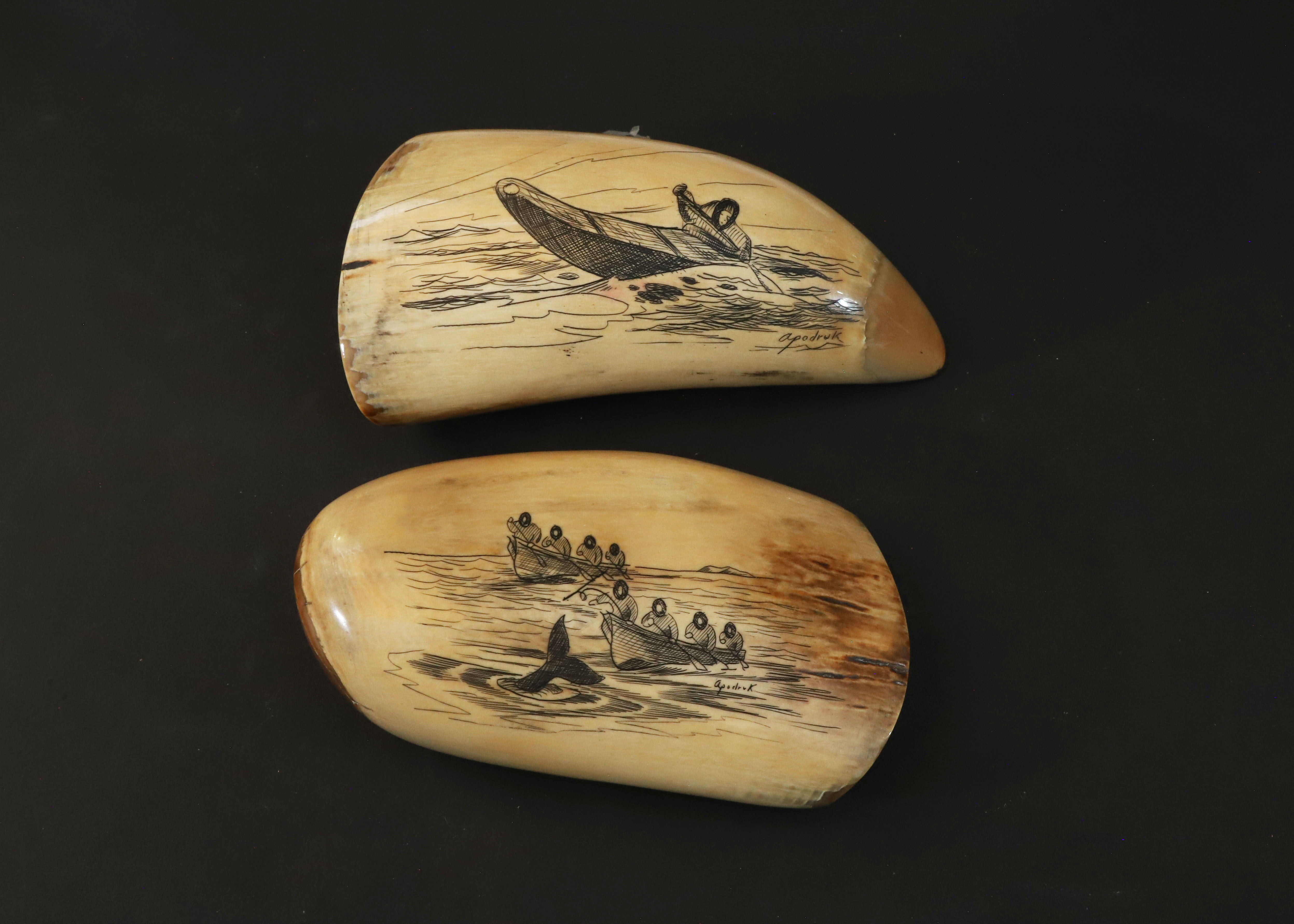 Two Mammoth Eskimo Scrimshaw Teeth - Two Eskimo Scrimshaw Mammoth Teeth ...