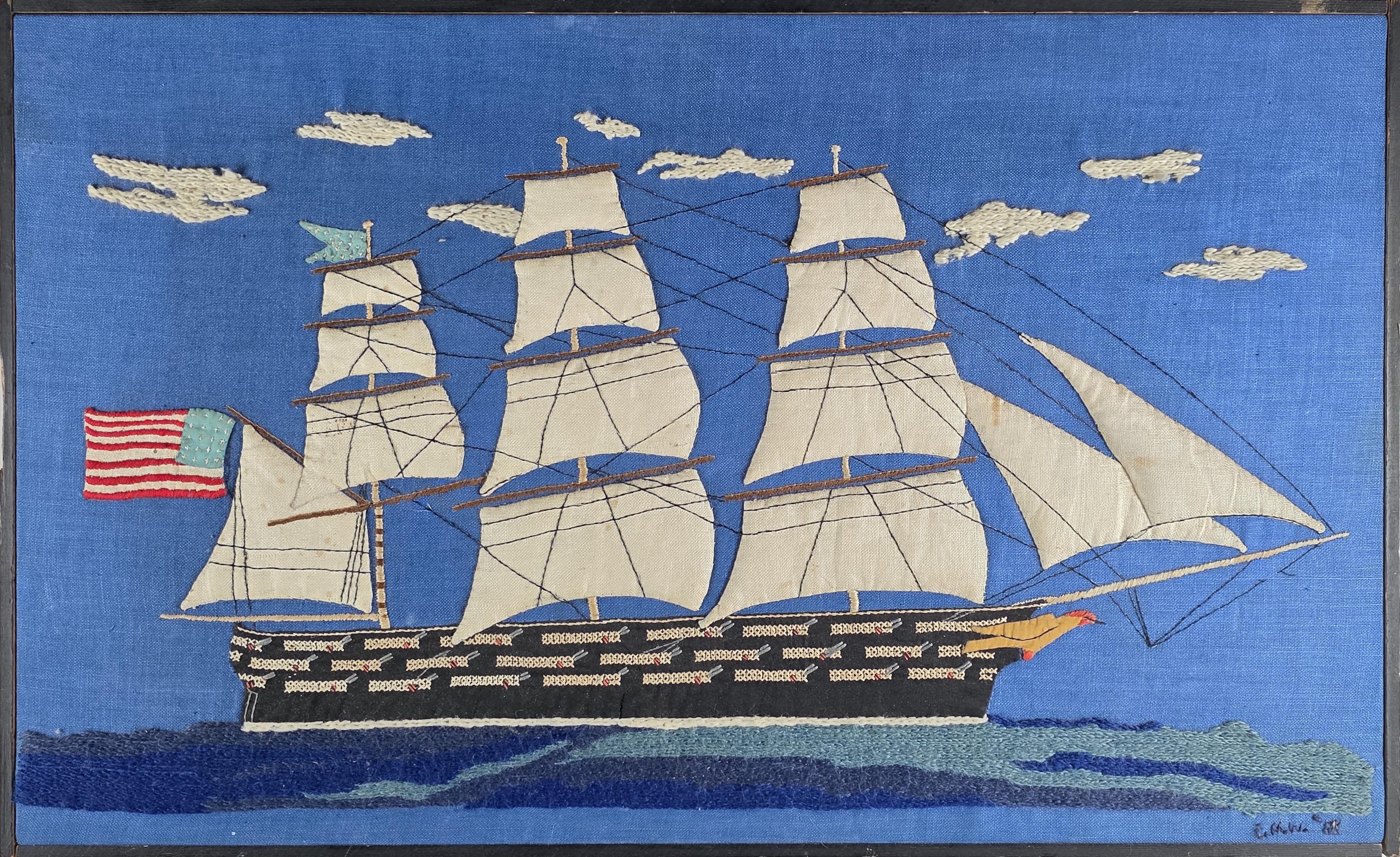 Clipper Ship Needlepoint Embroidery - Vintage Three Masted American ...