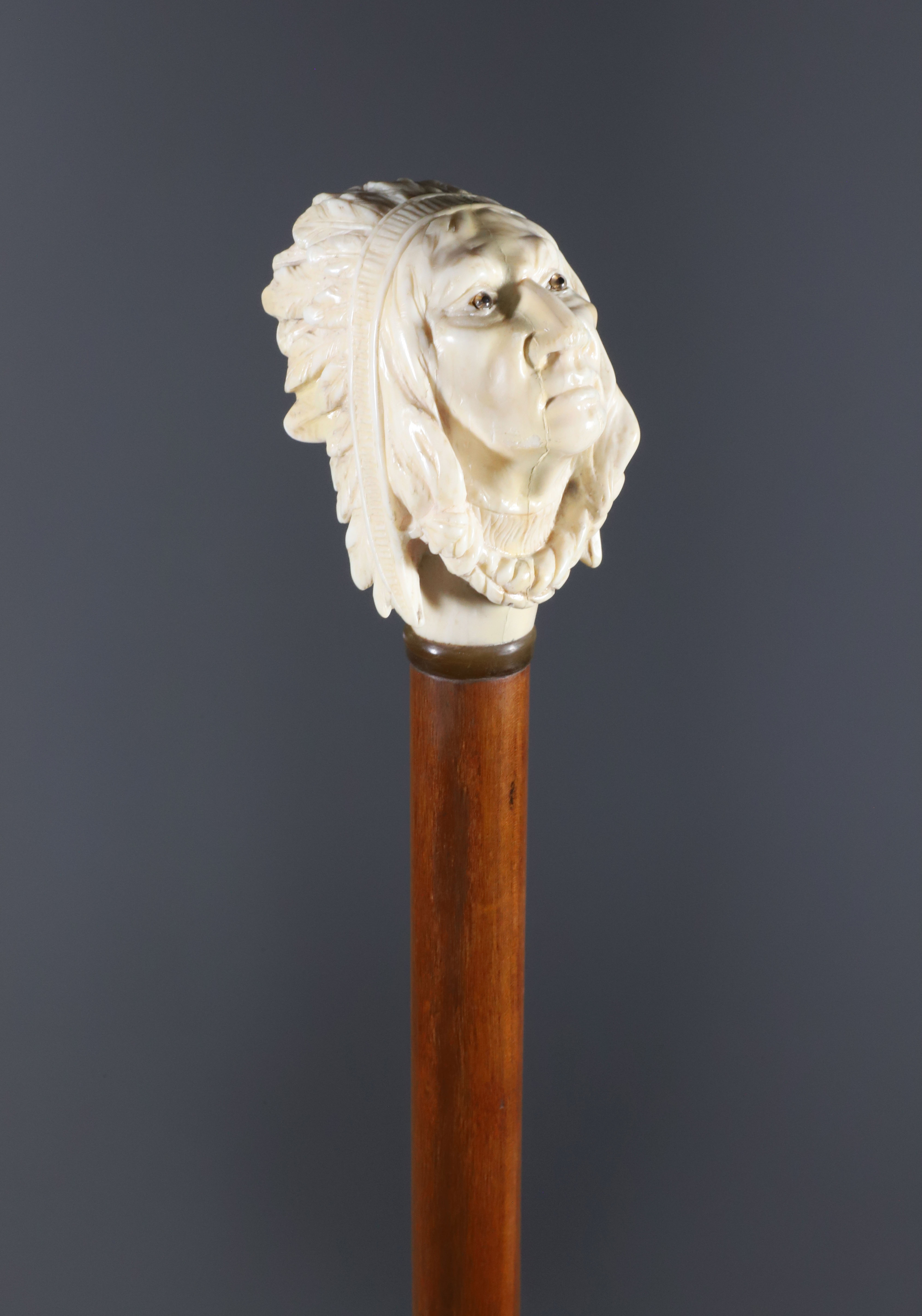 American Carved Bust of a Native American Chief Walking Stick 19th ...