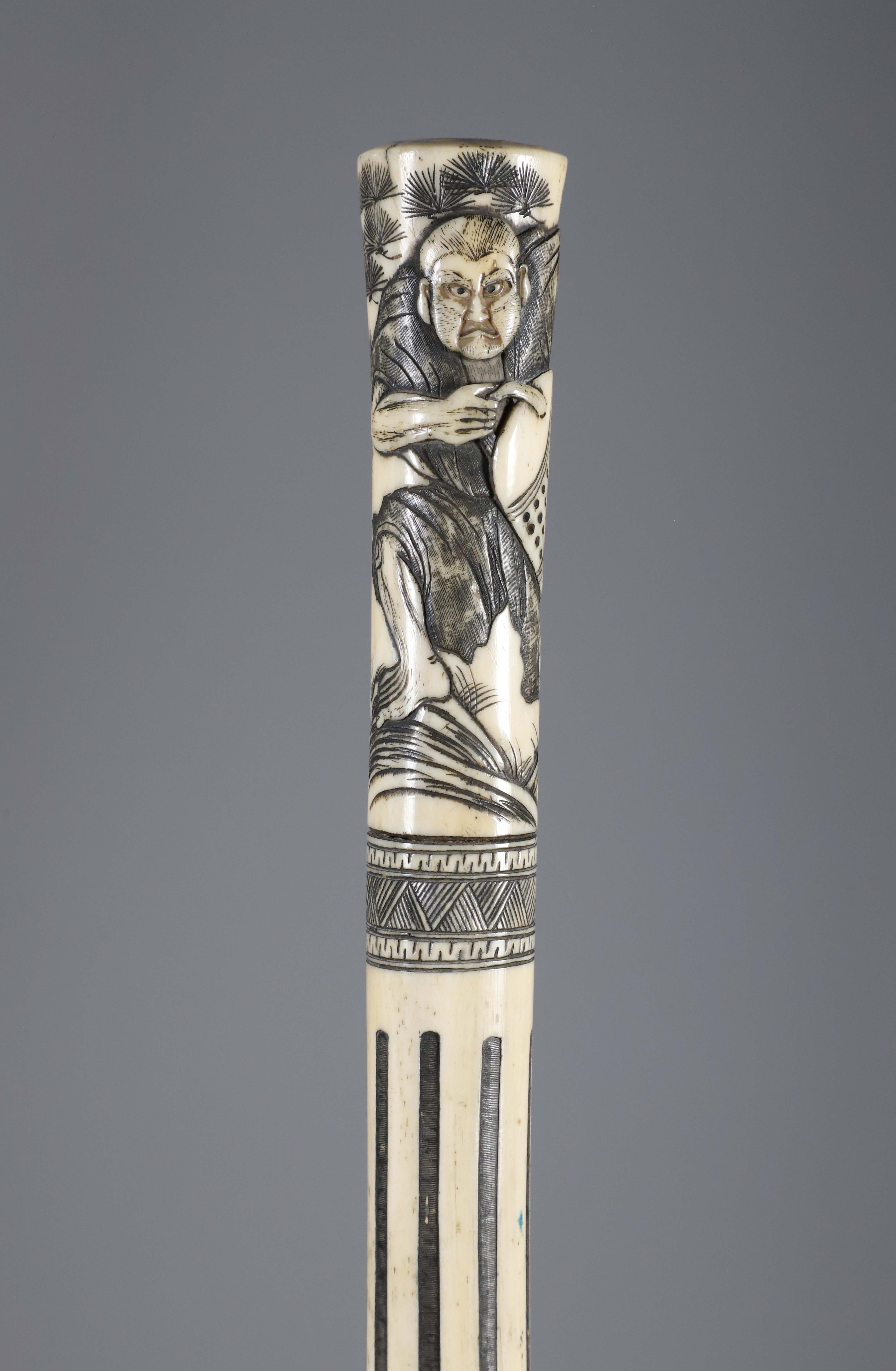 Elaborately Scrimshawed Asian Carved Bone Walking Stick 19th Century ...