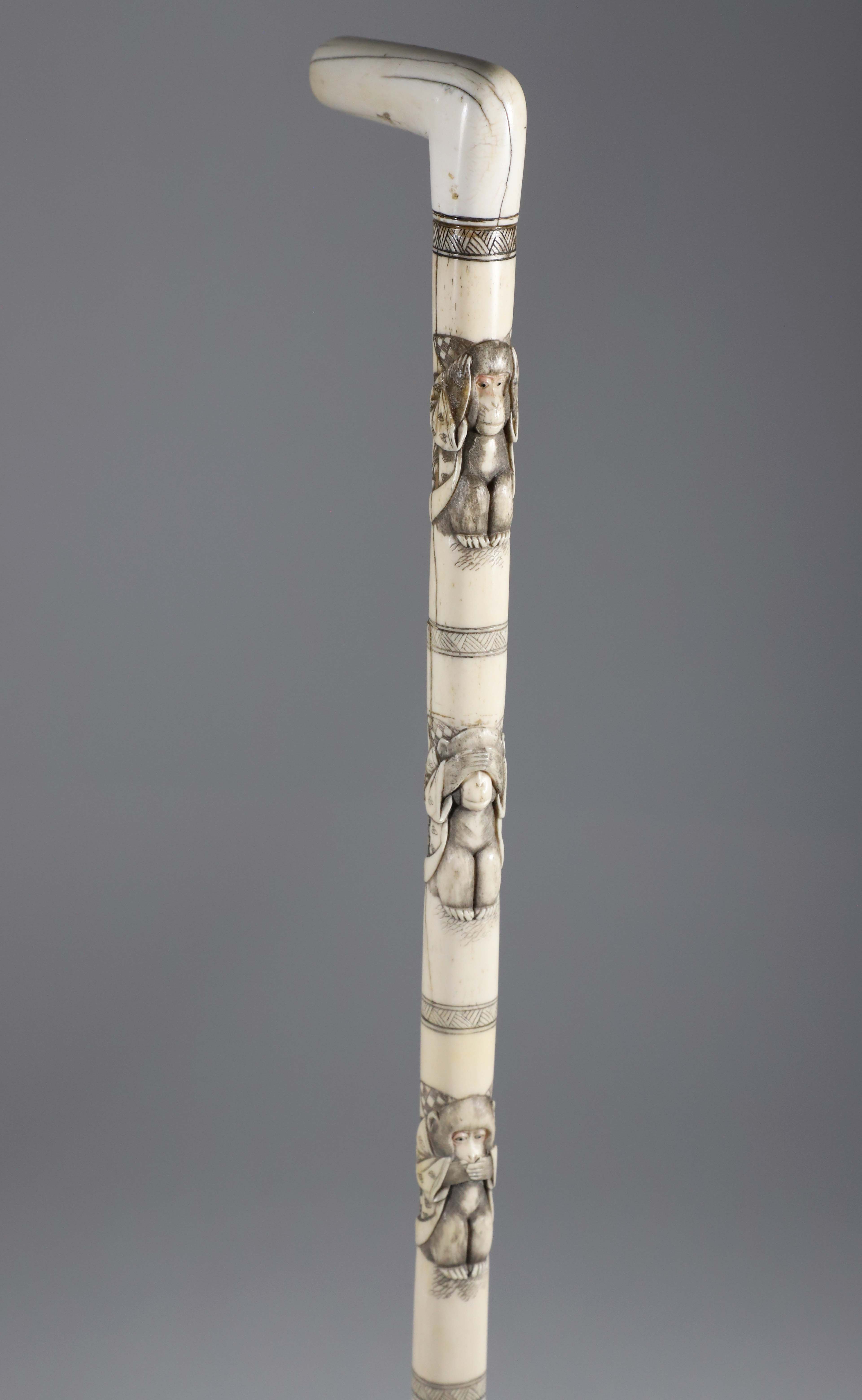 Asian Carved Three Monkeys See, Speak, Hear No Evil Cane 19th Century ...