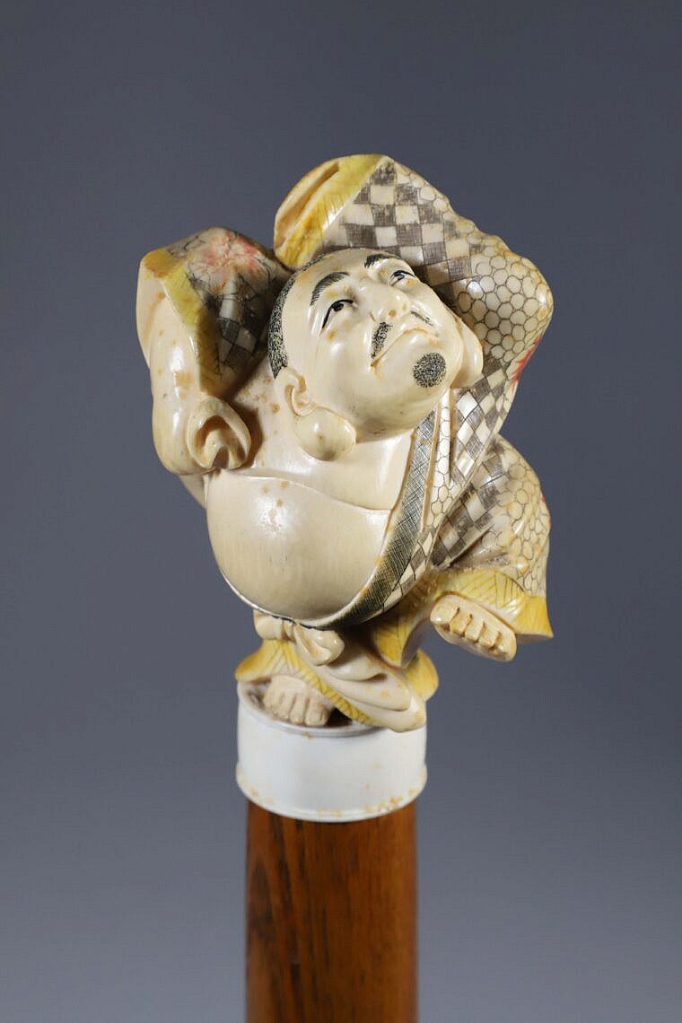 Scrimshaw Japanese Deity Grip Walking Stick 19th Century - Polychromed ...