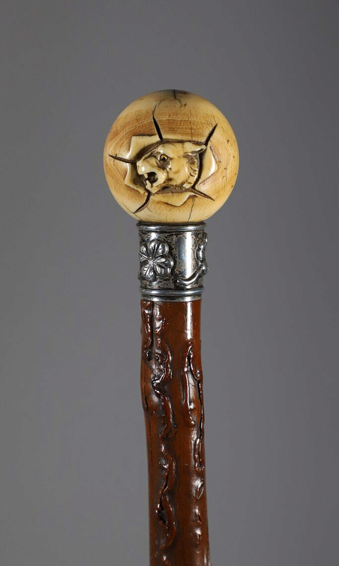 Carved Dog's Head Emerging From a Ball Walking Stick 19th Century ...