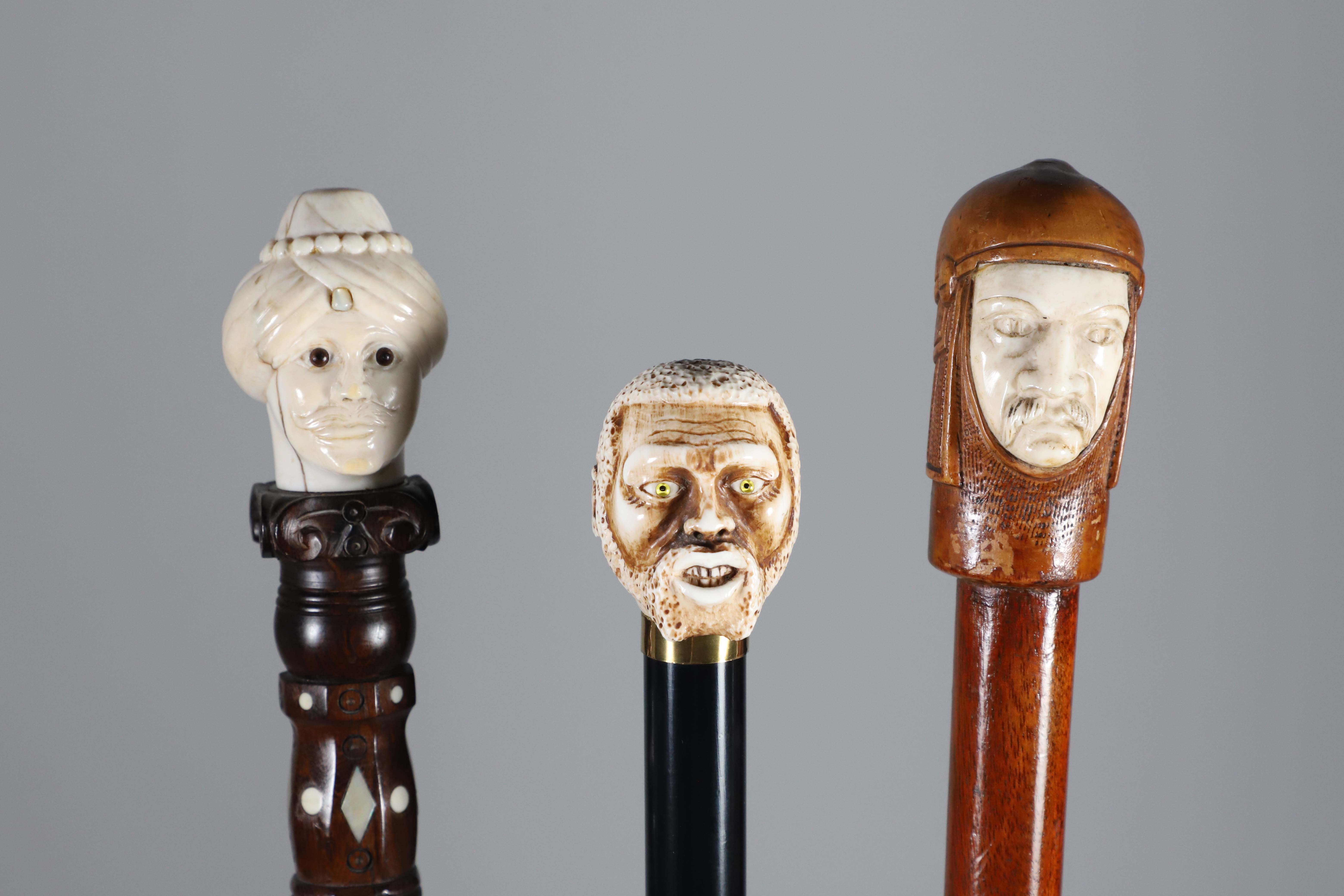 Group of Three Carved Bust of Gentleman Walking Sticks 19th Century ...