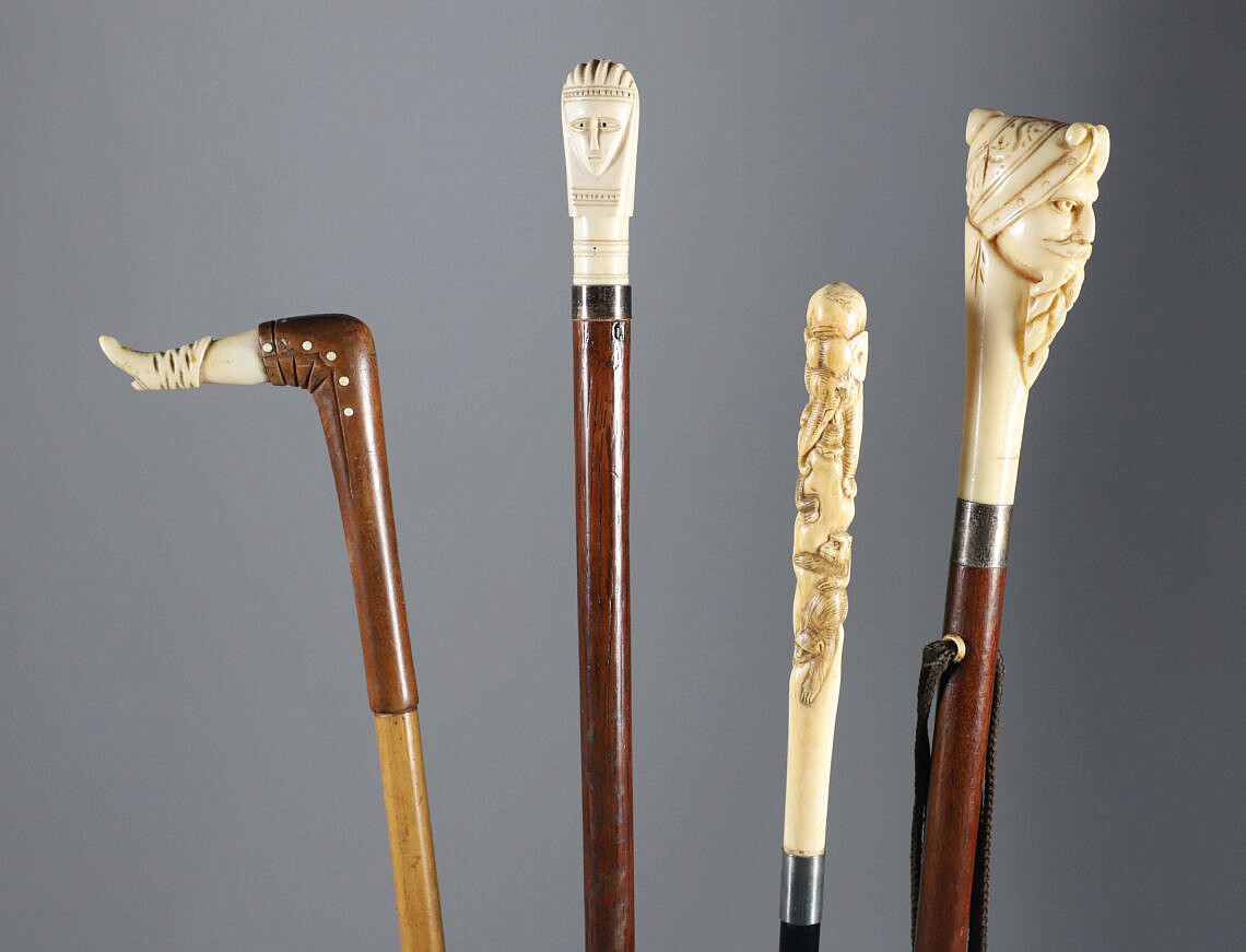 Four Various Diminutive Carved Grip Walking Sticks 19th Century - Four ...
