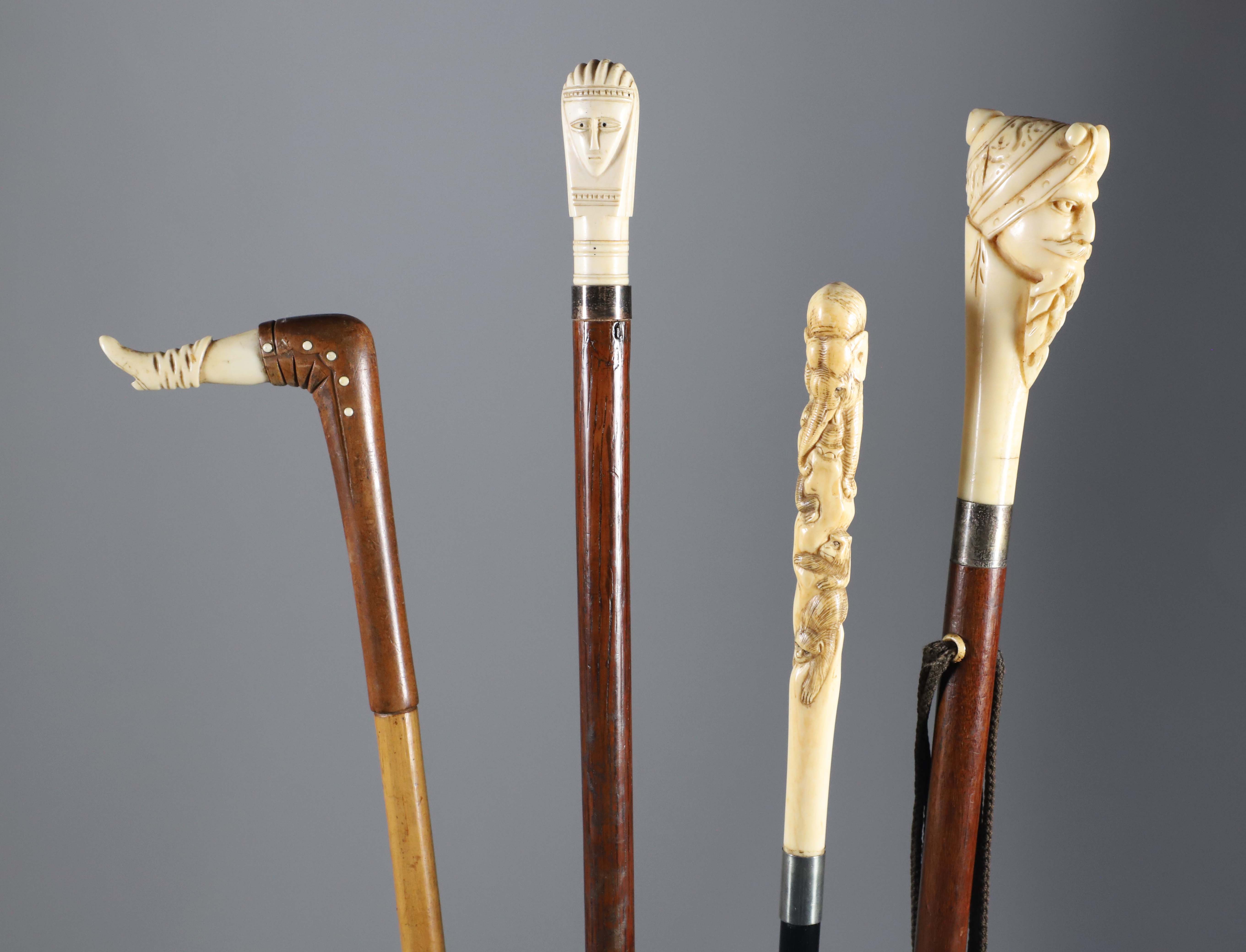 Four Various Diminutive Carved Grip Walking Sticks 19th Century - Four ...