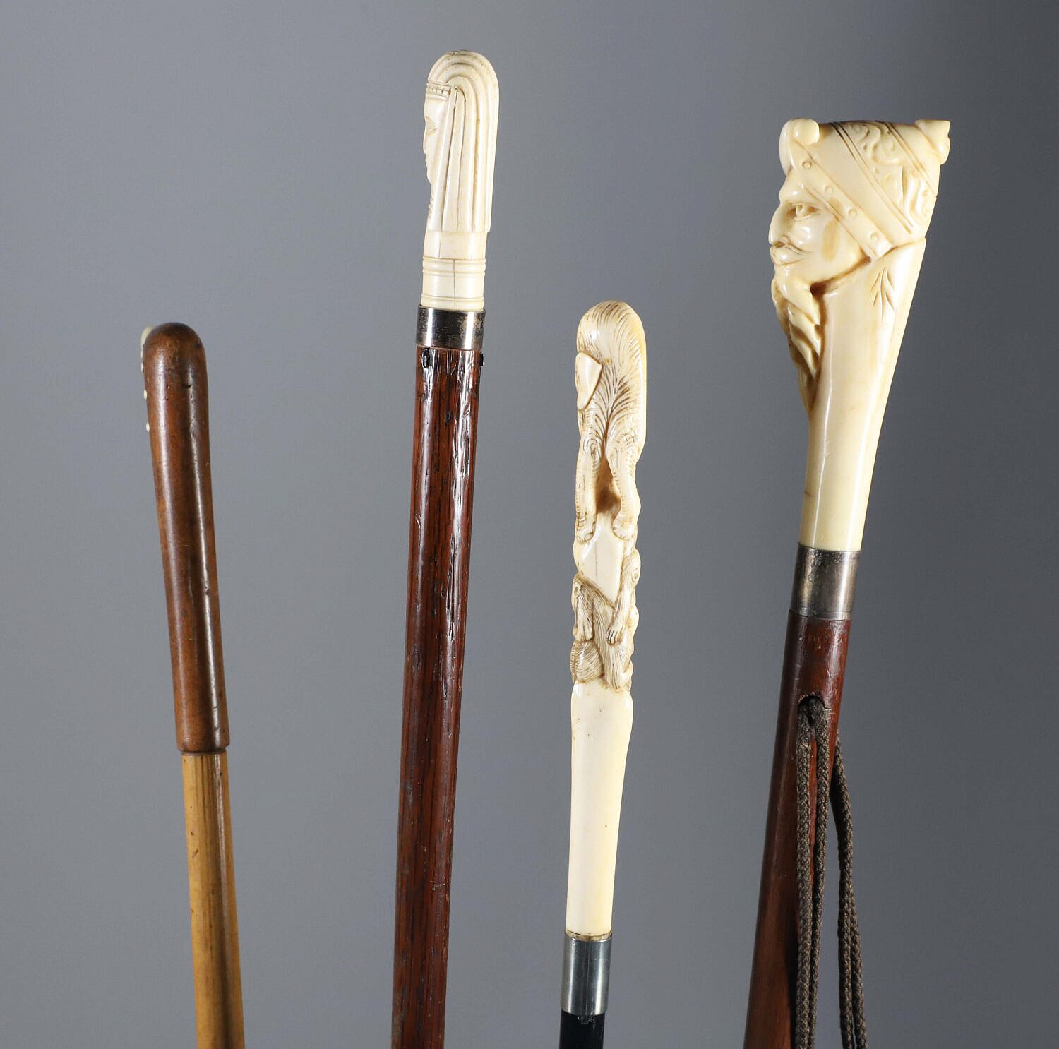 Four Various Diminutive Carved Grip Walking Sticks 19th Century - Four ...