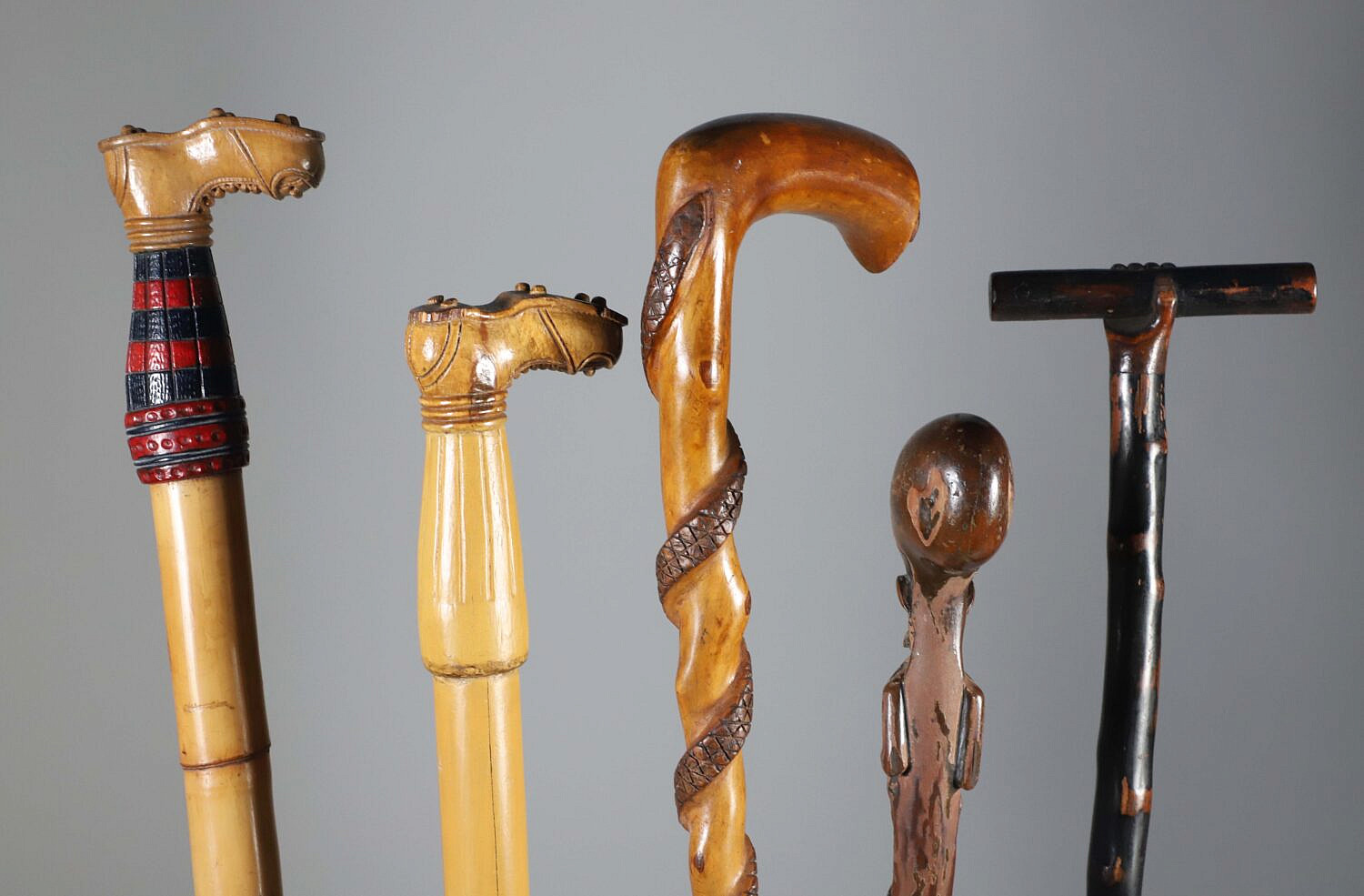 Five Folk Art Carved Canes 19th Century - Group of Five Vintage Folk ...