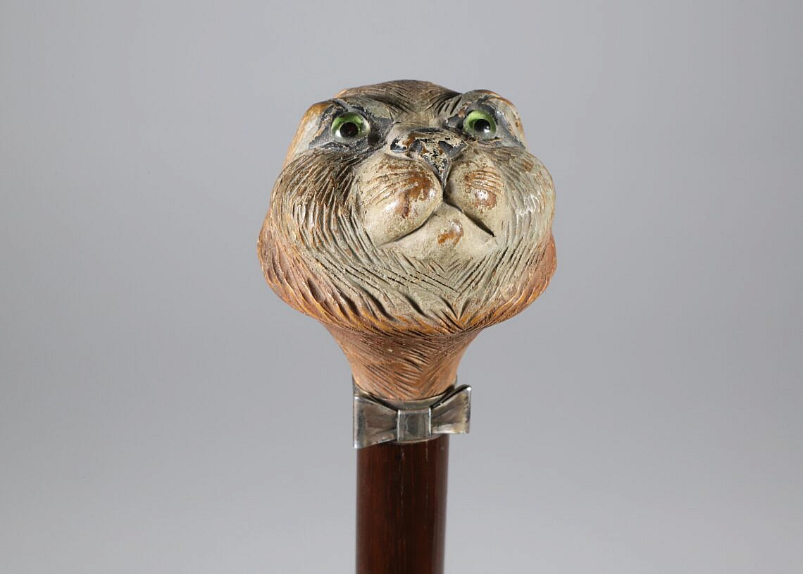 Carved Polychrome Wood Cat Head Grip Walking Stick 19th Century ...