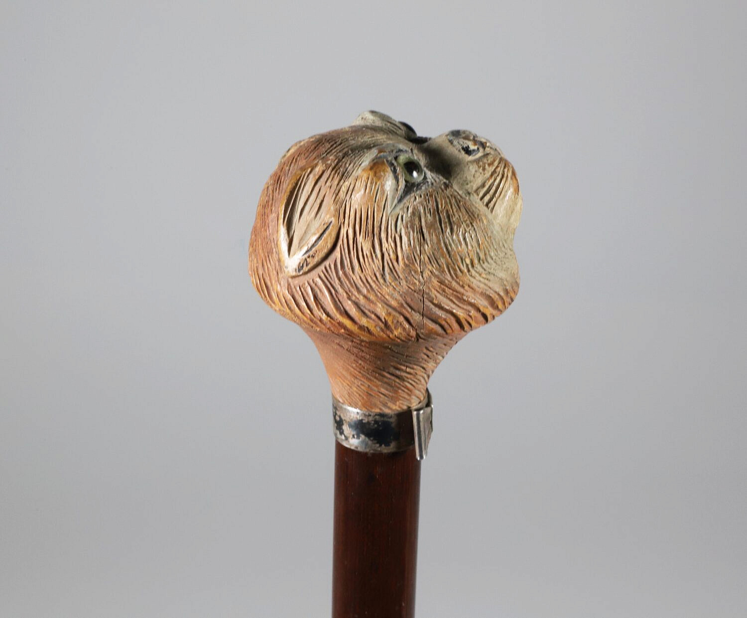 Carved Polychrome Wood Cat Head Grip Walking Stick 19th Century ...