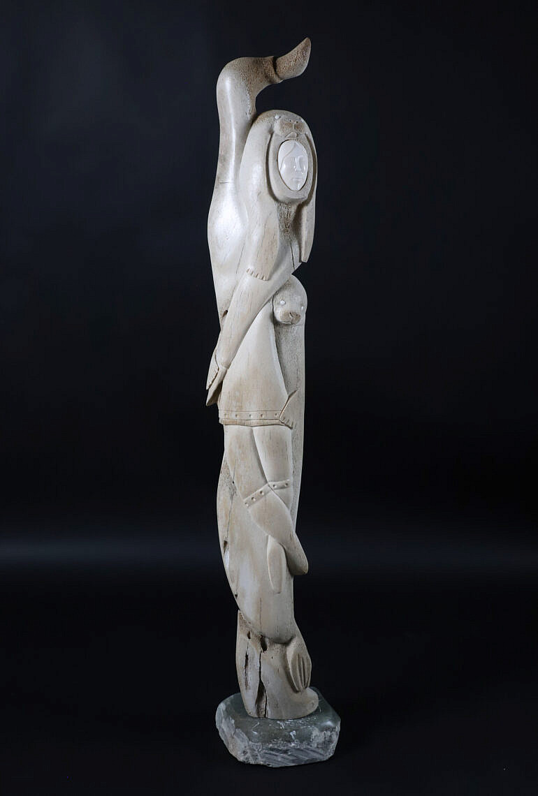 Ronald "Qay" Apangolook Whale Bone Totem Sculpture of a Lady and Two ...