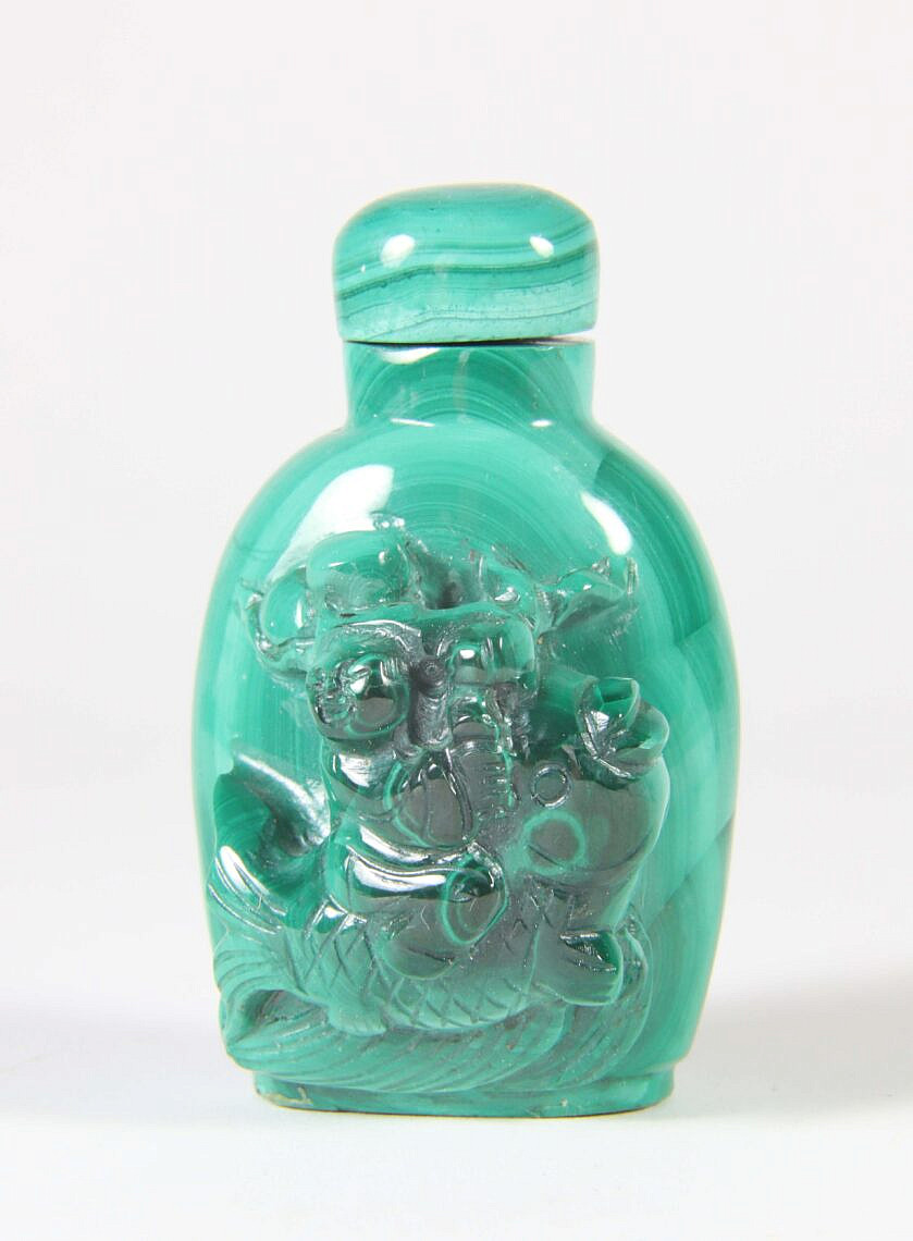 Chinese Faux Malachite Glass "Laughing Buddha Atop a Carp" Snuff Bottle ...